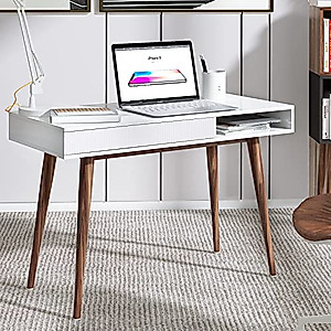 Arts wish White Writing Desk with Drawers Mid Century Modern Desk, Wood Office Desk Computer Desk Vanity Desk for Small Space, White Desk with Walnut Legs