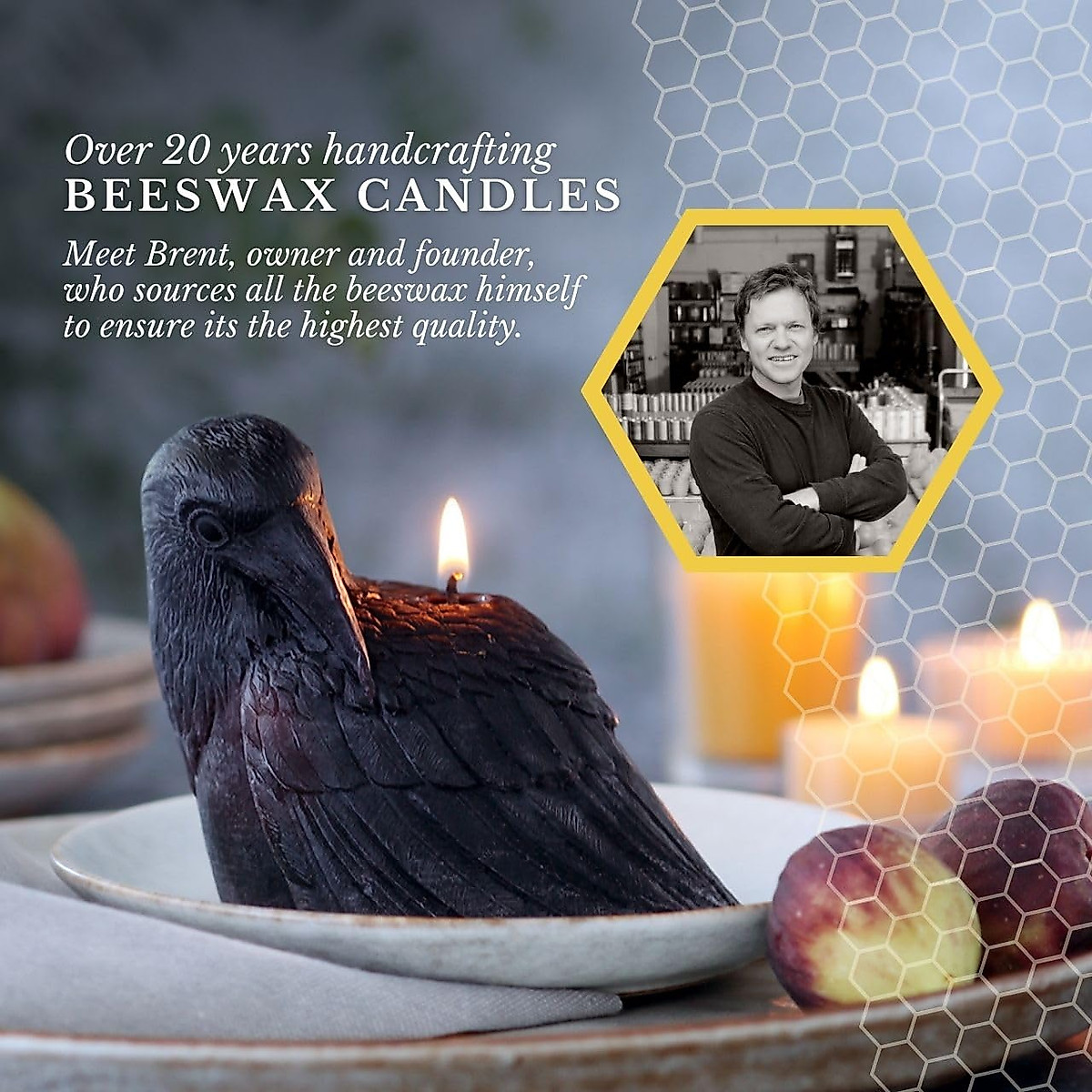 Big Dipper Wax Works Black Crow Candle, 24-Hour Long Burn, Pure Beeswax Sculpted Candle, 3.5” x 4”, Spooky Candle