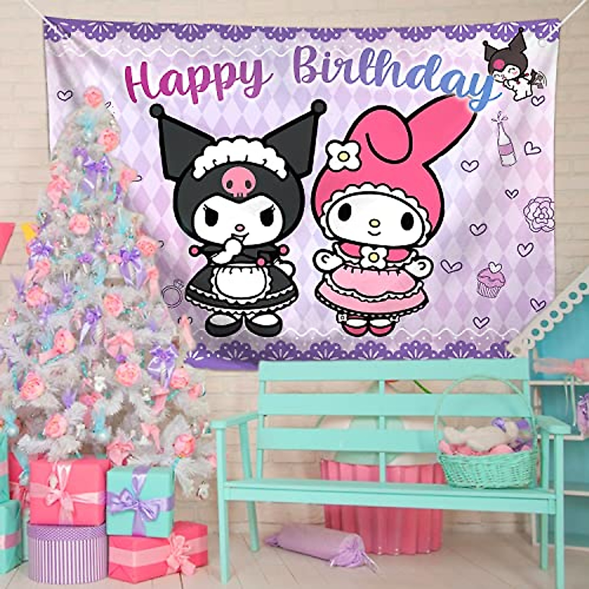 5x3FT Purple Themed Birthday Party Supplies, Cute Cartoon Birthday Banner, Anime Birthday Decorations Backdrop for Girls, Kawaii Themed Background for Party