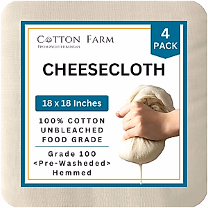 Cotton Farm Cheese Cloths, Grade 100 – 20x20 inch Hemmed, Unbleached, 100% Cotton, Ultra Fine Reusable Muslin Cheesecloth for Straining, Cooking, Baking,