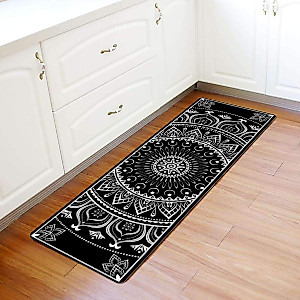 Mandala Antifatigue Kitchen Bath Door Mat Cushioned Runner Rug, Washable Welcome Floor Sink Mat, Abstract Floral Pattern Black Waterproof & Non-Slip Comfort Standing Doormat for Kitchen, 24"x36"