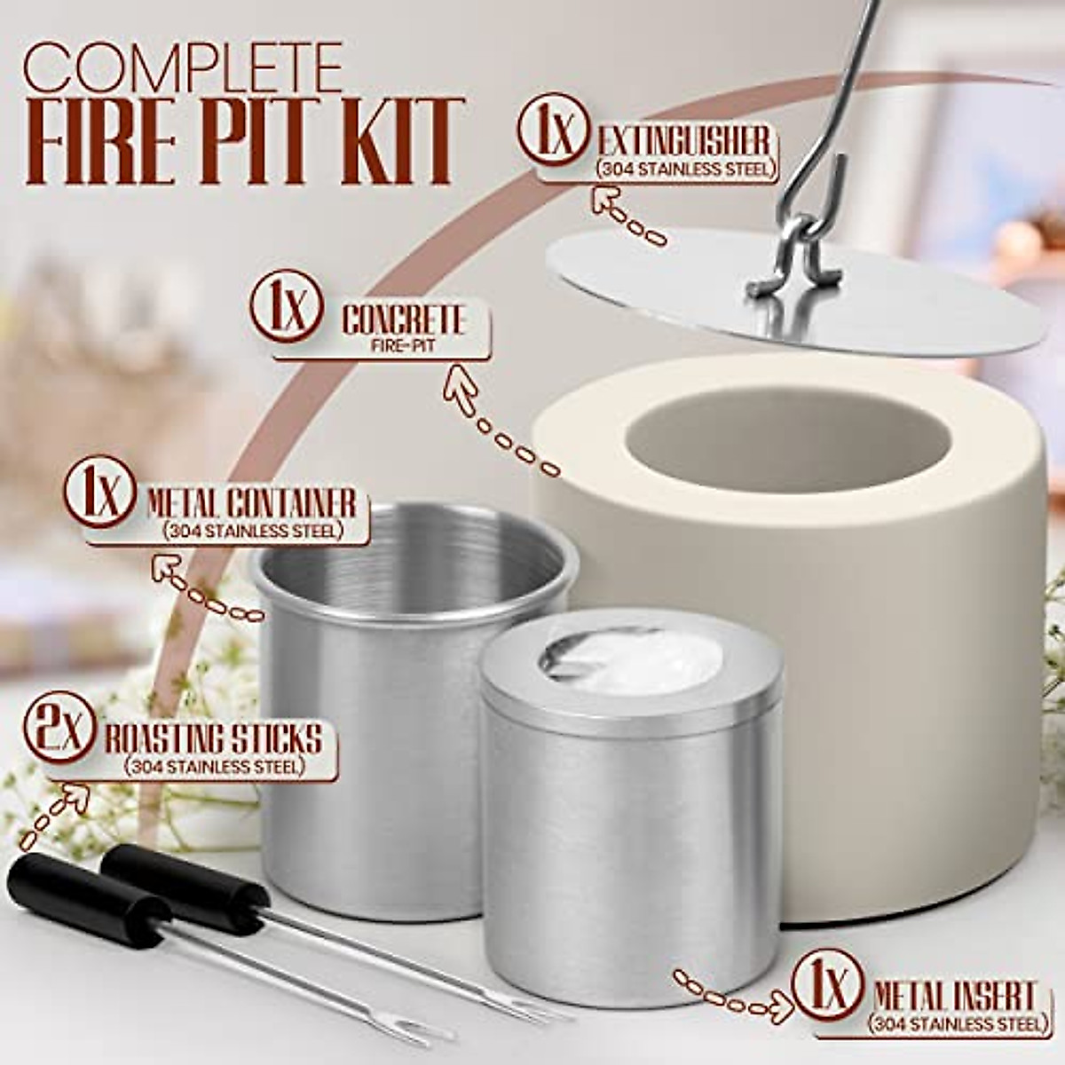 Tabletop Fire Pit, Fire Bowl with 2 Roasting Sticks | Small, 91% Isopropyl Alcohol Mini Fire Pits for Balcony, Patio Décor -Portable Fire Pit for Camping and Hiking | Smores Kit