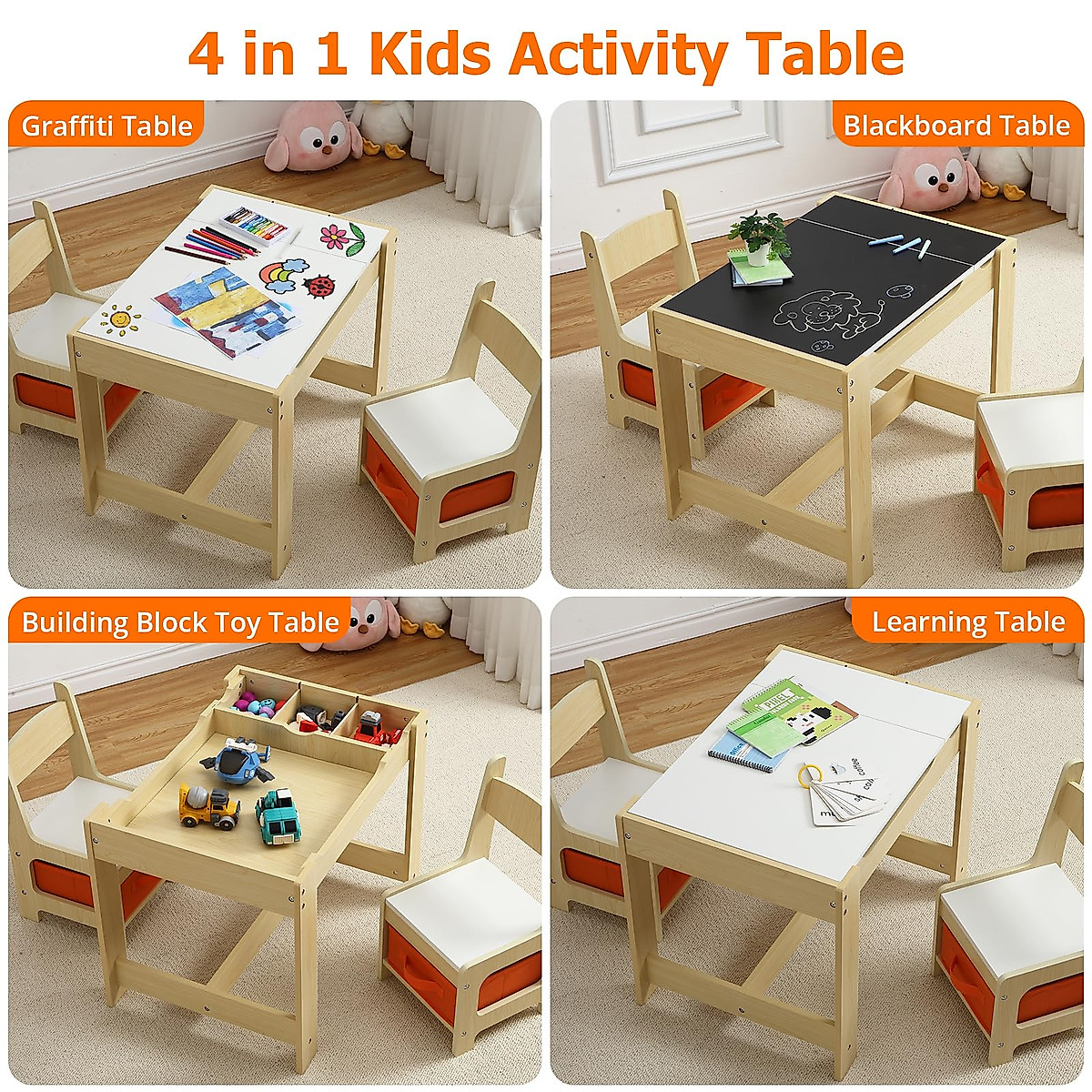 Bophy Kids Table and Chair Set, 3 in 1 Children Activity Table w/Storage, Removable Tabletop, Blackboard, 3-Piece Toddler Furniture Set for Art, Crafts, Drawing, Reading, Playroom (Natural)