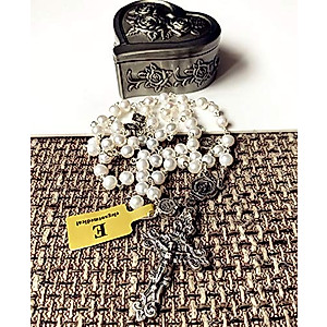 elegantmedical Handmade AAA 6MM Real Pearl Beads Catholic Our Lady Grace Rosary Cross Necklace Box Case Gifts (White)