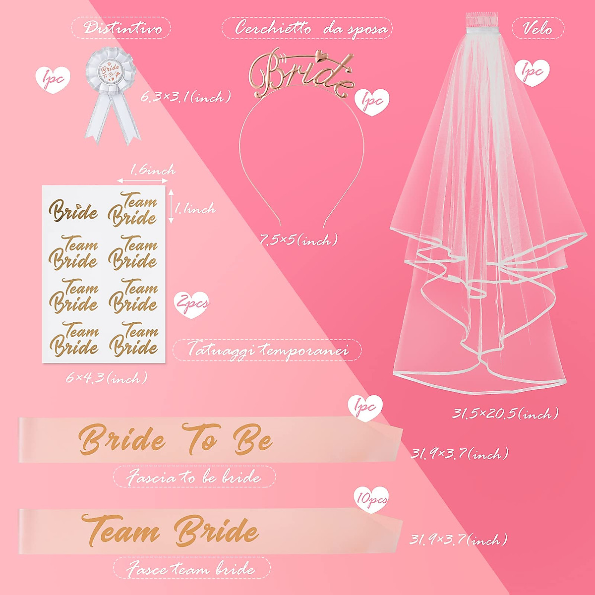 Fontien Bride to Be Bachelorette Party Supplies, 16pcs Bachelorette Party Decorations Kit Bride to Be Sash Veil Tiara Tattoos for Bridal Shower Wedding Decorations, Rose Gold