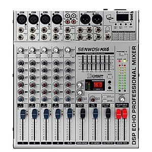 SENWOSI 6-Channel All-metal panel Audio Mixer, BT USB PC Recording Input, 16 DSP Effects, Stereo Equalizer,48V Power Supply,4 Mono 2 Stereo Input, Studio Or Live (MX-6)
