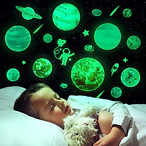 Toyvian Glow in The Dark Stars and Planets,Bright Solar System Wall Stickers,15 Glowing Ceiling Decals for Bedroom,Sun Earth and so on,Shining Space Decoration for Kids Girls and Boys,140PCS
