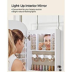 SONGMICS Jewelry Organizer, LED Jewelry Cabinet Wall/Door Mounted, Lockable Rounded Wide Mirror with Storage, Interior Mirror, 3.9 x 16.5 x 42.5 Inches, White Surface with Greige Lining UJJC026W01