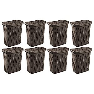 Sterilite Plastic Wicker Weave Dirty Clothes Rectangular Laundry Hamper Bin with Snag Proof Interior and Lift Top Lid, Brown (8 Pack)