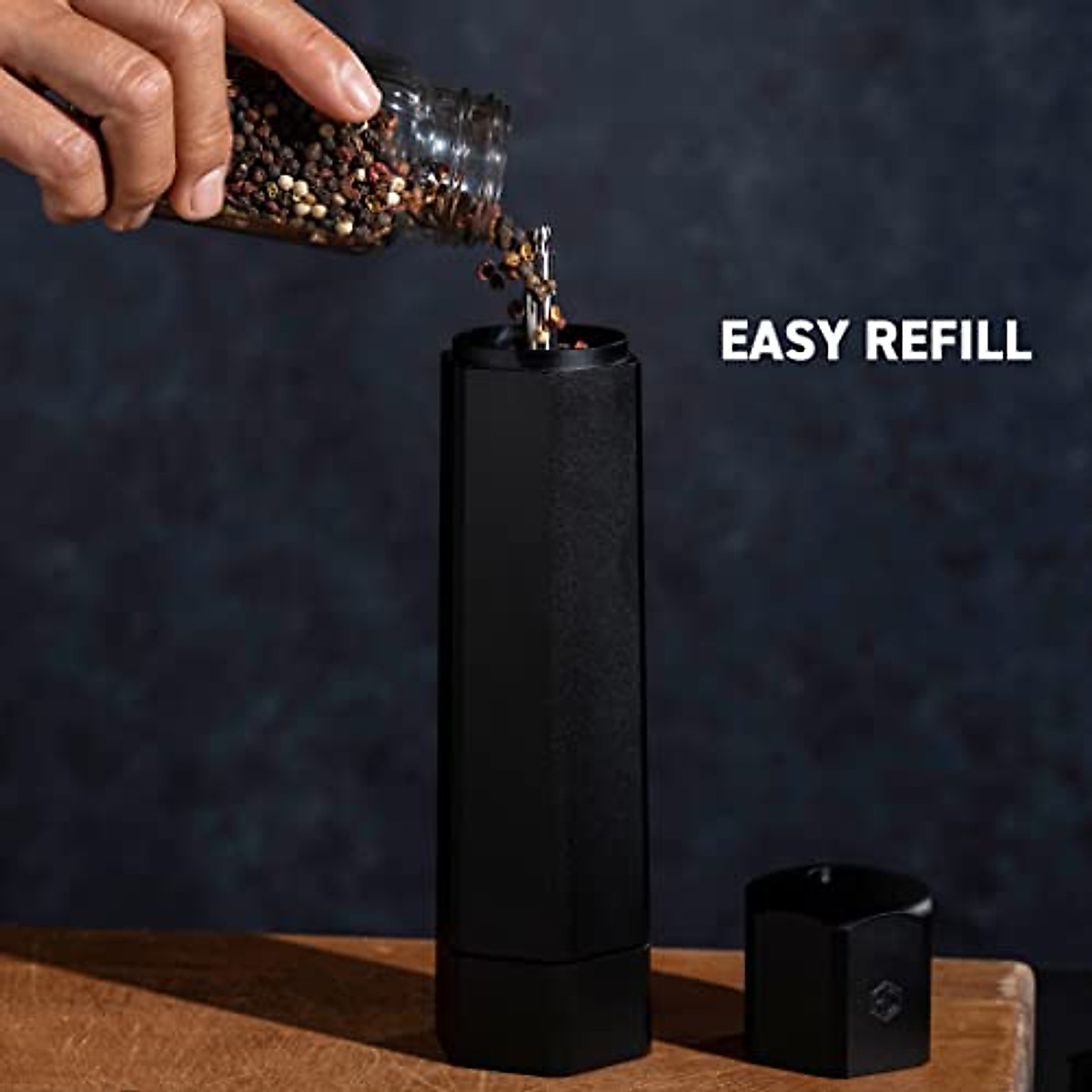 HexClad Cookware Professional Grade Heavy Duty Pepper Grinder Mill with Refillable Black Aluminum Mono-Chrome Pepper Mill and Adjustable Coarseness