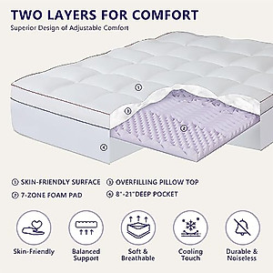 Homemate Memory Foam Mattress Topper Queen, Dual Layer 4 Inch Cooling Mattress Topper, 2 Inch Memory Foam Plus 2 Inch 1800TC Mattress Pad Comfort Support, Pillow Top with 8-21 Inch Deep Pocket, White