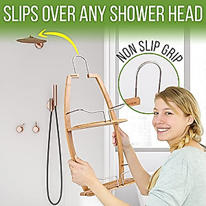 SereneLife Bamboo Hanging Shower Caddy - 2 Tier Wood Rustproof Waterproof and Natural Bamboo Bathroom Wall Organizer with Stainless Steel Shelf Rack for Shampoo, Conditioner and Soap Storage