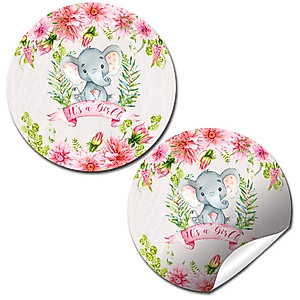 Watercolor Dahlia Floral Elephant-Themed Baby Sprinkle Baby Shower for Girls Thank You Sticker Labels, 40 2" Party Circle Stickers by AmandaCreation, Great for Party Favors, Envelope Seals & Goodie Ba