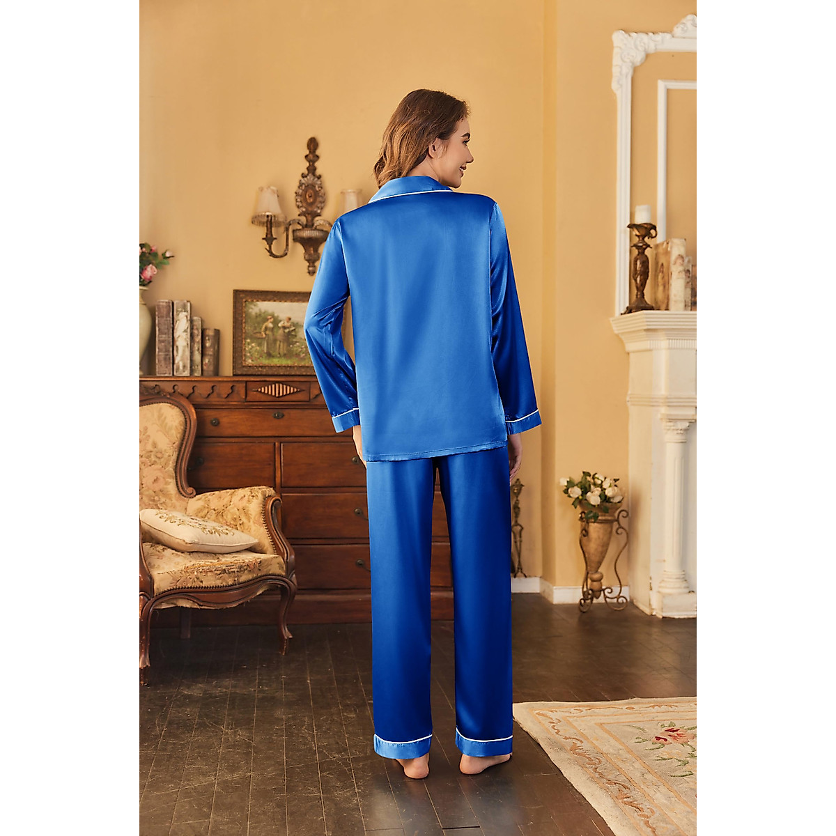 Ekouaer Women's Classic Button Down Long Satin Silk Pajama Set,Large,Blue