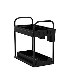 Under Sink Organizers and Storage, 2-Tier Sliding Under Cabinet Bathroom Storage with Hooks, Hanging Cup, Handles, Multi-Purpose Under Sink Organizer for Bathroom Kitchen, Black, 2Pack