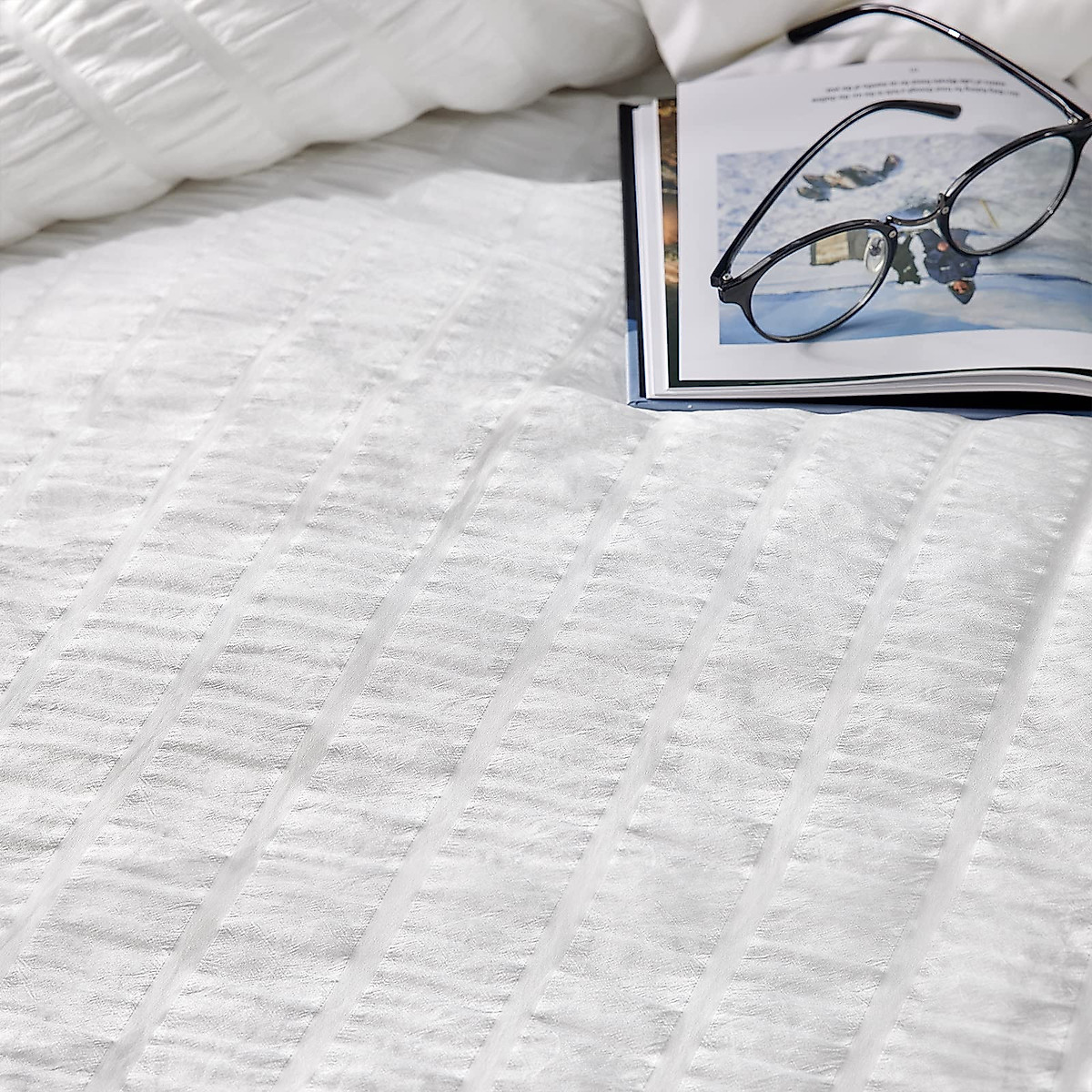 CozyLux Queen Bed in a Bag White Seersucker Comforter Set with Sheets 7-Pieces All Season Bedding Sets with Comforter, Pillow Sham, Flat Sheet, Fitted Sheet and Pillowcase