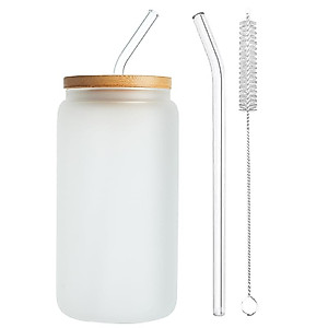 Fiera 16oz Drinking Glassware with Bamboo Lid and Reuasable Straw, Iced Coffee cup, Juice glassware, Cocktail Cup (1 PC) (Frosted)