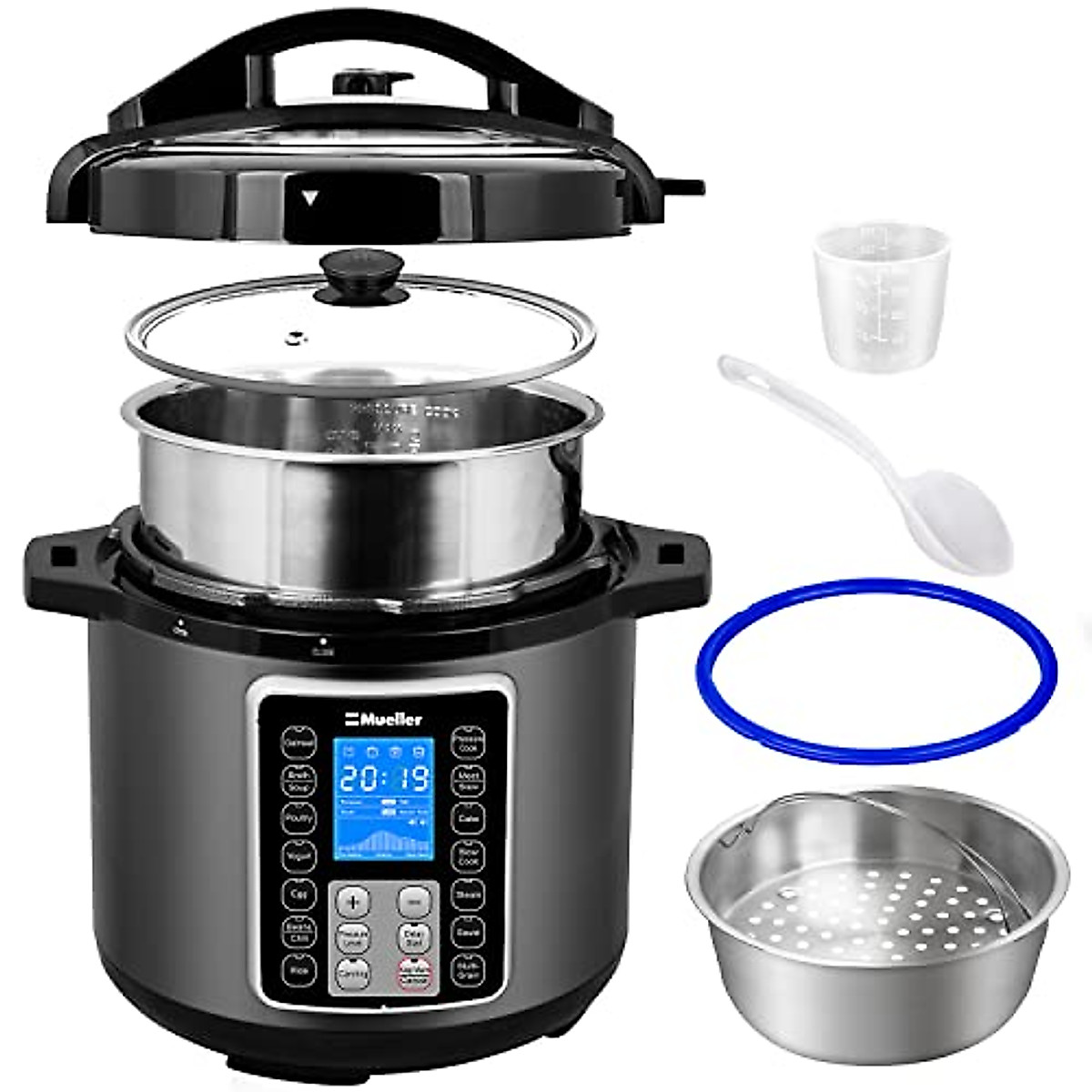 Mueller 6 Quart Pressure Cooker 10 in 1, Cook 2 Dishes at Once, Tempered Glass Lid incl, Saute,  Slow Cooker, Rice Cooker, Yogurt Maker and Much More