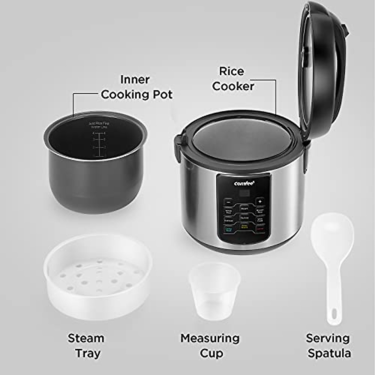 COMFEE' Rice Cooker, 6-in-1 Stainless Steel Multi Cooker, Slow Cooker, Steamer, Saute, and Warmer, 2 QT, 8 Cups Cooked(4 Cups Uncooked), Brown Rice, Quinoa and Oatmeal, 6 One-Touch Programs