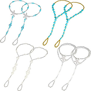 4 Pairs Beach Barefoot Sandals for Women Girls Foot Jewelry Starfish Pearls Turquoise Beaded Elastic