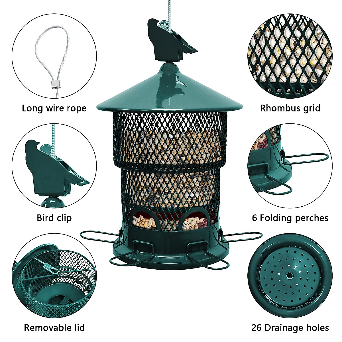 Bird Feeders for Outdoors Hanging, Way2Furn Wild Bird Feeder Squirrel Proof, Adjustable Metal Outside Feeder with 3.8 lbs Seed Large Capacity for Cardinal, Sparrow, Finch, Chickadee (Green)