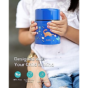 BUZIO Insulated Food Container for Kids Adult, 12oz Stainless Steel Vacuum Insulated Kids Food Jar with Folding Spoon, Leak Proof, Vacuum Insulated Thermo, Portable Food Bowl, Blue Dinosaur