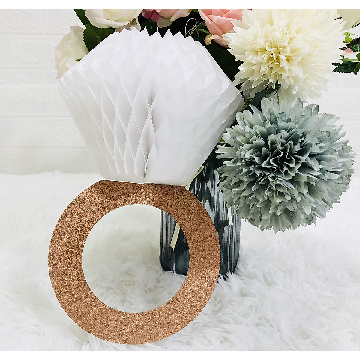 Engagement Party Decorations, Bridal Shower Supplies, Honeycomb Ring Hanging Decorations, Rose Gold Glitter Diamond Rings (3pcs), Engaged Diamond Rings Decorations for Engagement