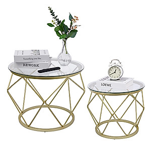 Hzuaneri Round Coffee Table Set of 2, Special-Shaped Small Side Tables, End Tables with Metal Frame and Tempered Glass Top, Modern Living Room Table Sets for Parlour, Bedroom, Office, Gold 01801GCTV1