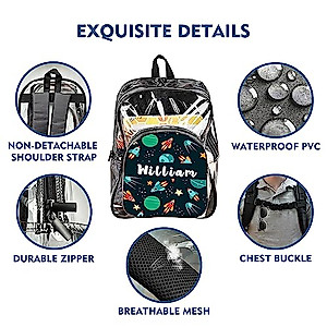 Ecautly Personalized Clear Backpack for Boys, Custom Rocket Pattern Clear Backpack with Name, PVC See Through Transparent for Boys School Waterproof Backpack, Back to School Gifts for Boys Kids