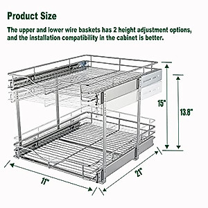 DINDON 2 Tier Pull Out Cabinet Organizer(11" W X 21" D ), Double Tier Wire Basket Slide Out Shelf Storage for Kitchen Base Cabinet Organization ​for Kitchen, Pantry, Bathroom, Chrome