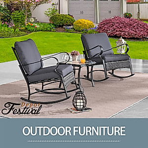 Festival Depot PE Wicker Rocking Chair Set, Patio Bistro Set, 3 Pieces Outdoor Furniture, Conversation Sofa Set of 2 Armchairs & Coffee Table with Removable Cushion All Weather Casual Craft Cozy Small