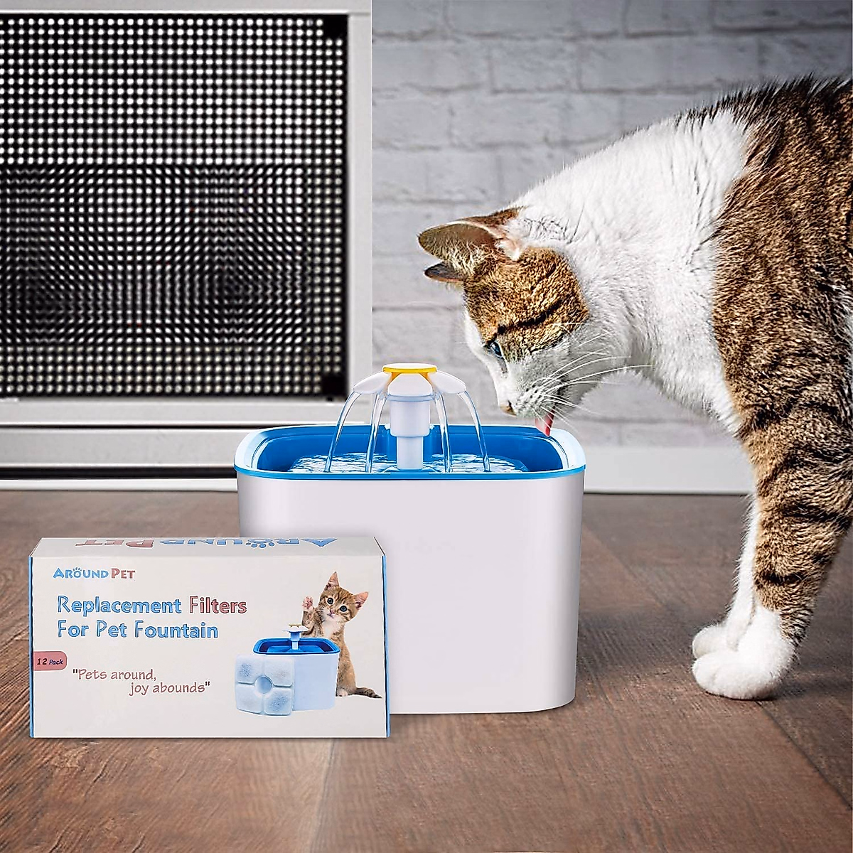 Aroundu Cat Fountain Filter Replacement Set 20 Pcs, Compatible with 84oz/2.5L Square Fountain,12 Filter 6 Sponge 2 Brush Included