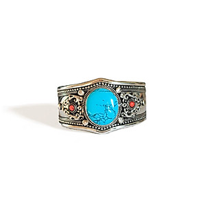 Boho Blue Stabilized Turquoise & Red Coral Adjustable Cuff Bracelet | Unique Jewelry from Nepal