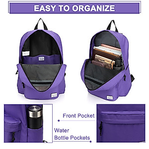 VASCHY Lightweight Backpack for School, Classic Basic Water Resistant Casual Daypack for Travel with Bottle Side Pockets (Purple)