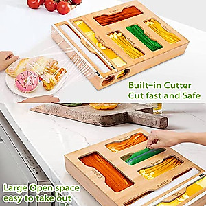 Ziplock Bag Organizer, Bag Storage Organizer for Kitchen Drawer, Plastic Wrap Dispenser with Cutter, 6 IN 1 Bamboo Foil and Plastic Wrap Organizer, Compatible with Gallon Quart Sandwich and Snack Bag