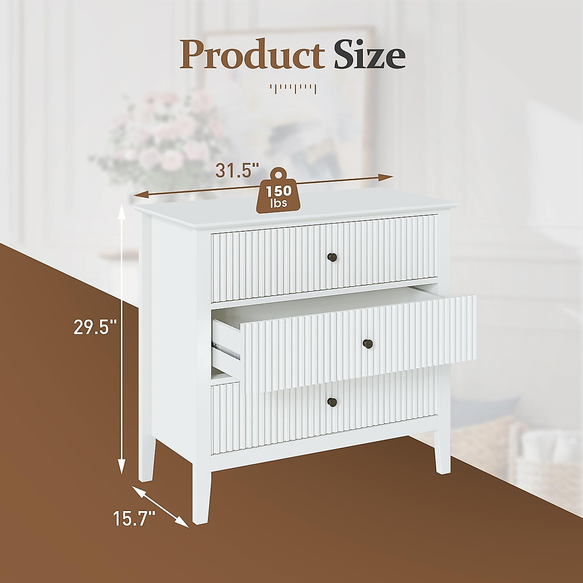 RoyalCraft White Fluted 3 Drawer Dresser for Bedroom, Wide Chest of Drawers for Closet, Modern Wood Dresser Wide Nightstand Cabinet for Living Room