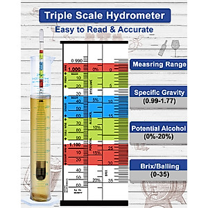 Hydrometer Test Kit, Triple Scale Alcohol Tester Hydrometer for Wine, Beer, Kombucha & Mead, Wine Making Kit, (ABV Tester, Brix, Specific Gravity Hydrometer) + Hydrometer Test Jar for Home Brewing Kit