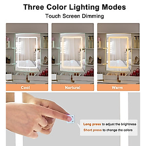 BEWISHOME Vanity Desk, White Vanity with Charging Station & Nightstand, Makeup Desk Makeup Vanity with Lights with 3 Colors Modes, Makeup Table Vanity Table with Stool Dressing Table Vanity Set FST18W