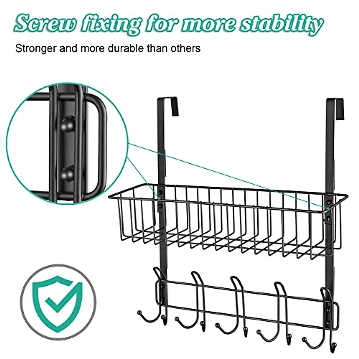 OUTNILI Over The Door Organizer Bathroom - Over Door Hanger Towel Rack with 15 Hooks & 1 Basket - Black Rustproof & Waterproof Stainless Steel Door Organizer for Bathroom Kitchen Bedroom Accessories