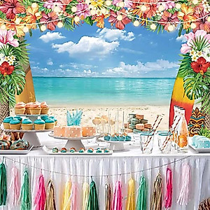 LIVUCEE 7x5ft Fabric Summer Hawaiian Beach Backdrop for Photography Tropical Flower Luau Hawaiian Party Decorations Aloha Blue Sky Ocean Palm Leaves Background Suppiles Photoshoot