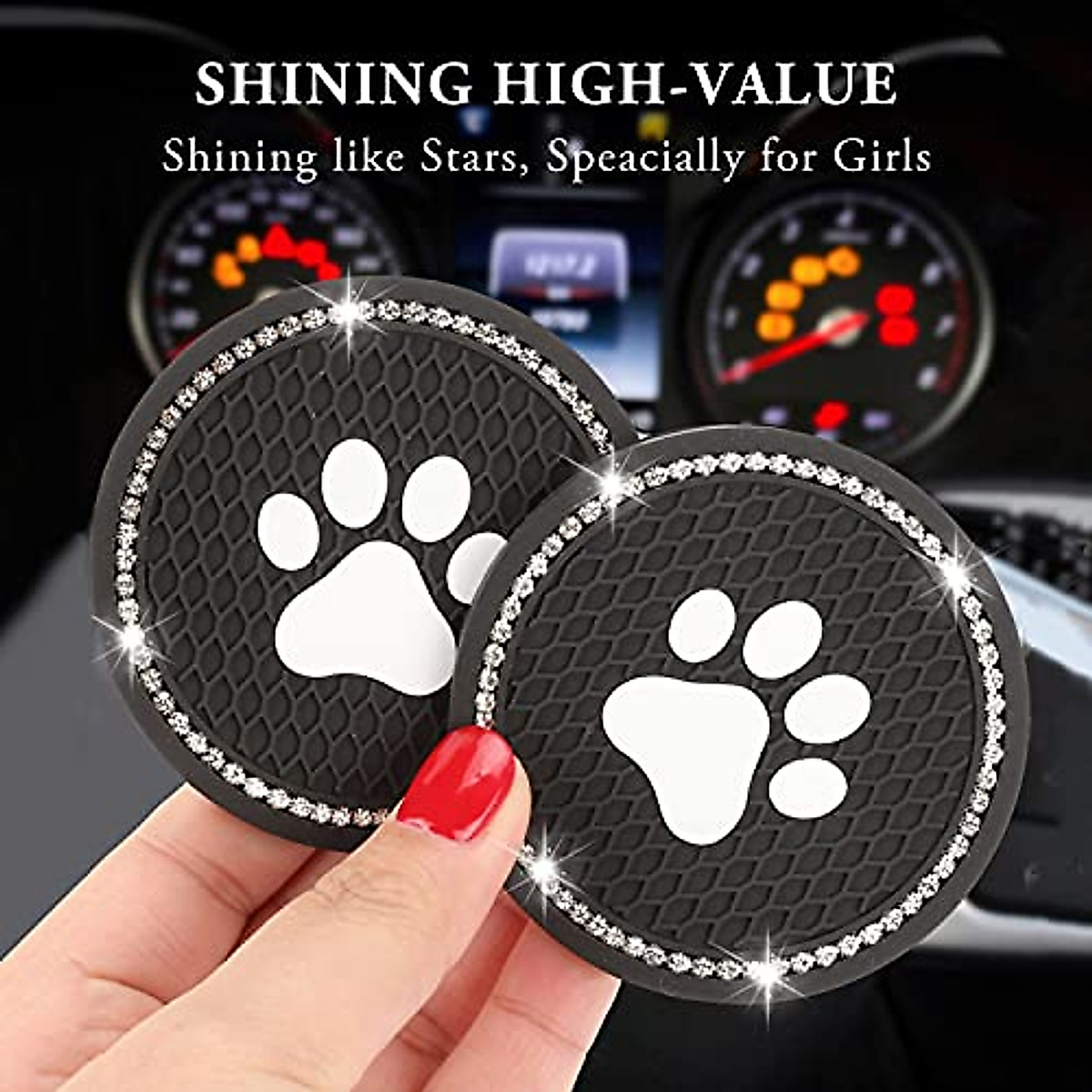 JIMAT Bling 2 Pack PAW Car Coasters for Cup Holders in Holder Set Accesories Crystal Vehicle Interior Accessories Mats Women Lady Girl 2.75in Diameter (Black) (JM-8698)