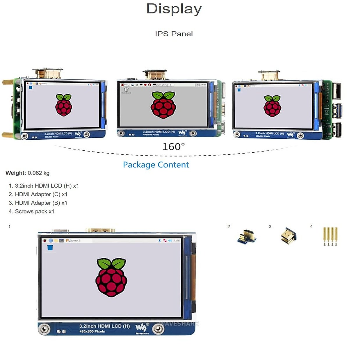 XYGStudy 3.2inch HDMI IPS LCD Display (H) Resolution 480×800 Adjustable Brightness Backlight No Touch Panel Supports Raspberry Pi Jetson Nano Windows 11/10 / 8.1/8 / 7 PC