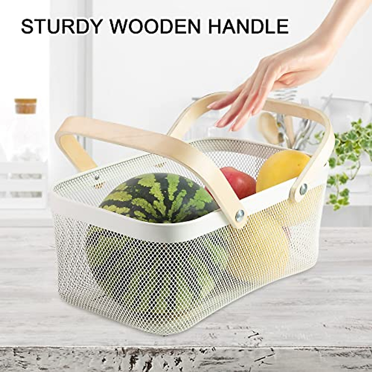 MACOIOR Portable Garden Basket-Mesh Design Natural Bamboo Handle Wire Storage Baskets,Mesh Basket with Handle Organize Items Reduce Space Occupation,Suitable for Kitchen,Garden,Picnic(White)