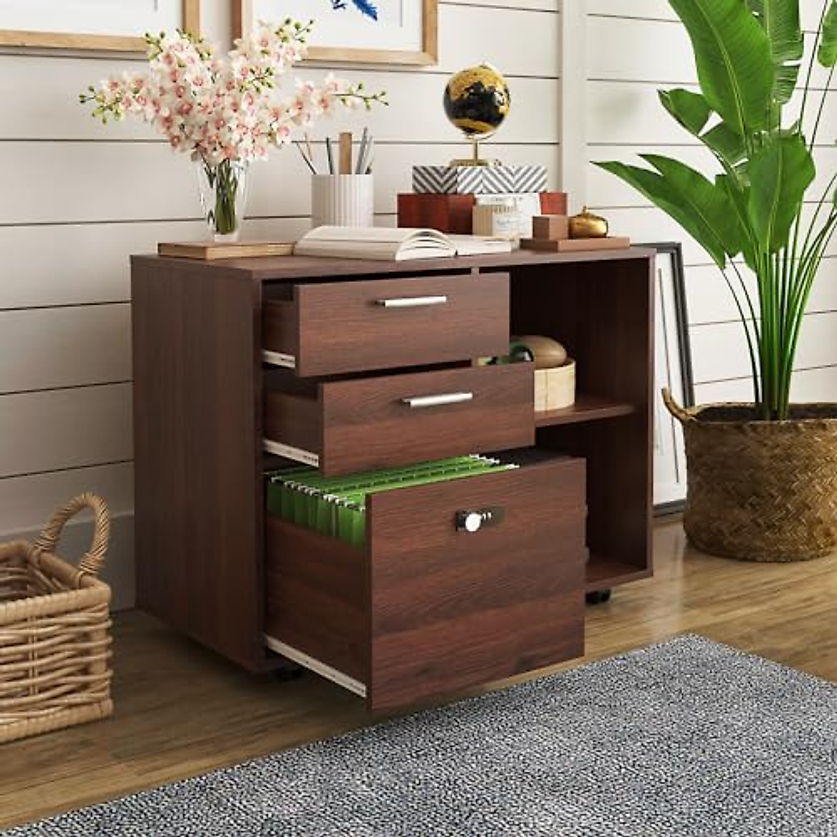 Wood File Cabinet with Coded Lock, File Cabinet for Home Office, Office Storage Cabinet with 3 Drawers and Open Storage Shelves, Filing Cabinet with Wheels, Brown Oak