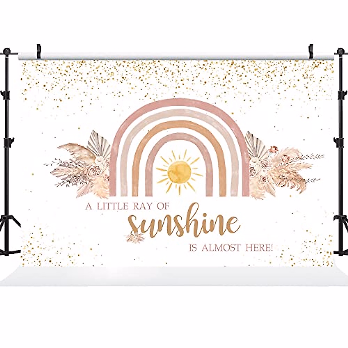 Ticuenicoa 5×3ft Boho Rainbow Baby Shower Backdrop A Little Ray of Sunshine is Almost Here Baby Shower Party Banner Wall Decorations Boho Pampas Glitter Dots Girls Baby Shower Background