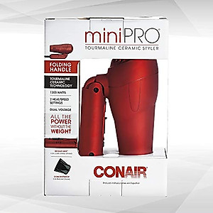 Conair miniPRO Tourmaline Ceramic Travel Hair Dryer with Folding Handle, Red