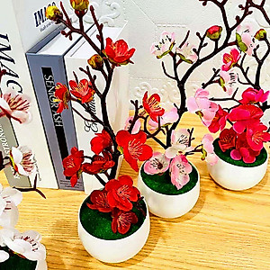 Artificial Flower in Pot Bonsai Realistic Anti Fade Faux Silk Flower Fake Plum Blossom Flower Plants Tabletops Potted Flowers Ornaments Home Hotel Garden Wedding Office Table Decoration White