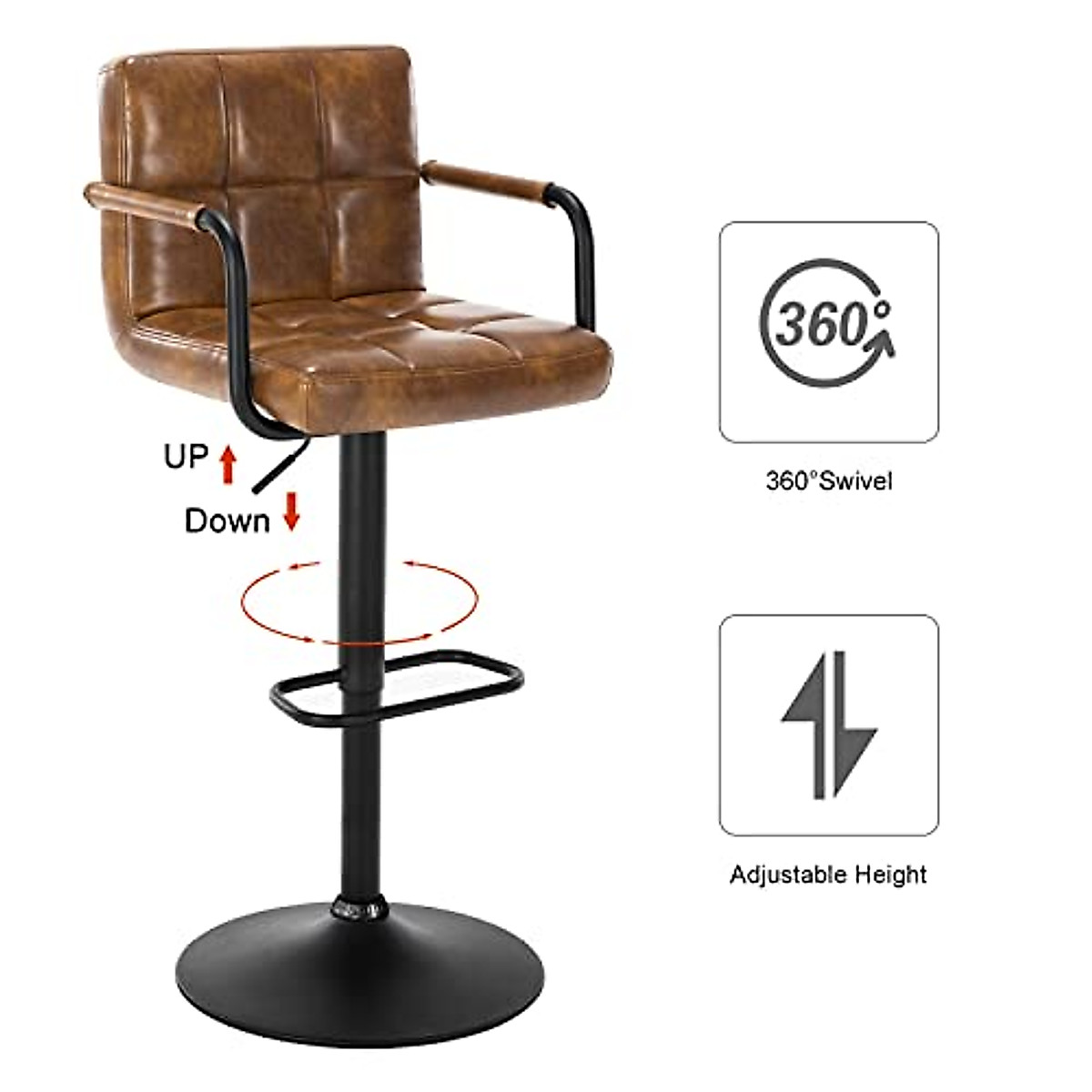 Furniliving Adjustable Bar Stools with Armrest, Modern Square PU Leather Chairs with Back Swivel Counter Height Barstools with Arms for Kitchen Dining Pub Cafe, Set of 2 (YellowBrown)