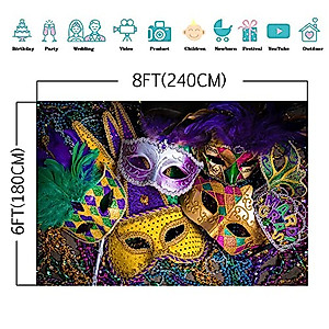 Masquerade Backdrops Purple Gold Glitter Beads Mask Carnival Photography Backdrop Fiesta Mardi Gras Dance Photo Background Birthday Party Photo Booths Props Decorations Supplies Vinyl 8x6ft