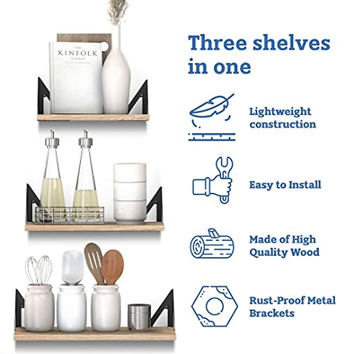 Halter Wall Book Shelves for Bedroom, Small Wall Shelf, Mounted Floating Wall Shelving, Hanging Shelves with Angle Brackets, Wall Shelves for Bedroom, Bathroom, Kitchen, Light Brown,Set of 3